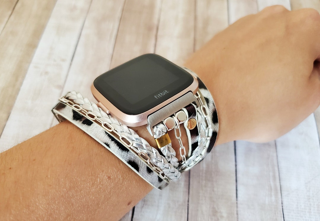 Boho Cow Print Fitbit Versa 3 / Sense Band: Braided Leather & Silver ...