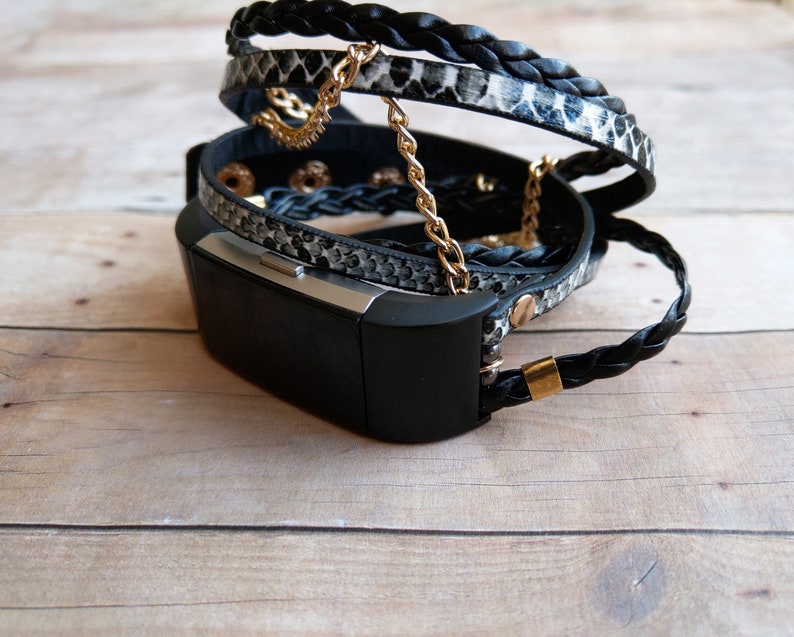 Fitbit Charge 2 Band Black Snake Skin Leather Wrap Strap Chain - Etsy