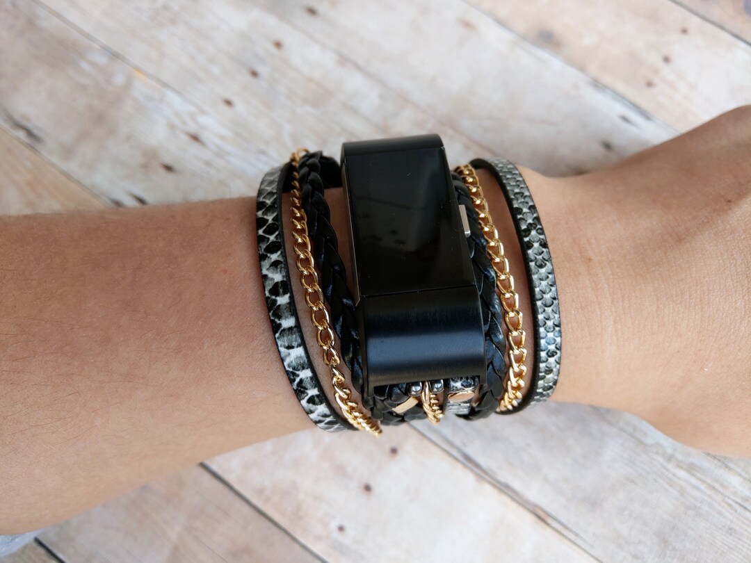 Fitbit Charge 2 Band Black Snake Skin Leather Wrap Strap Chain - Etsy