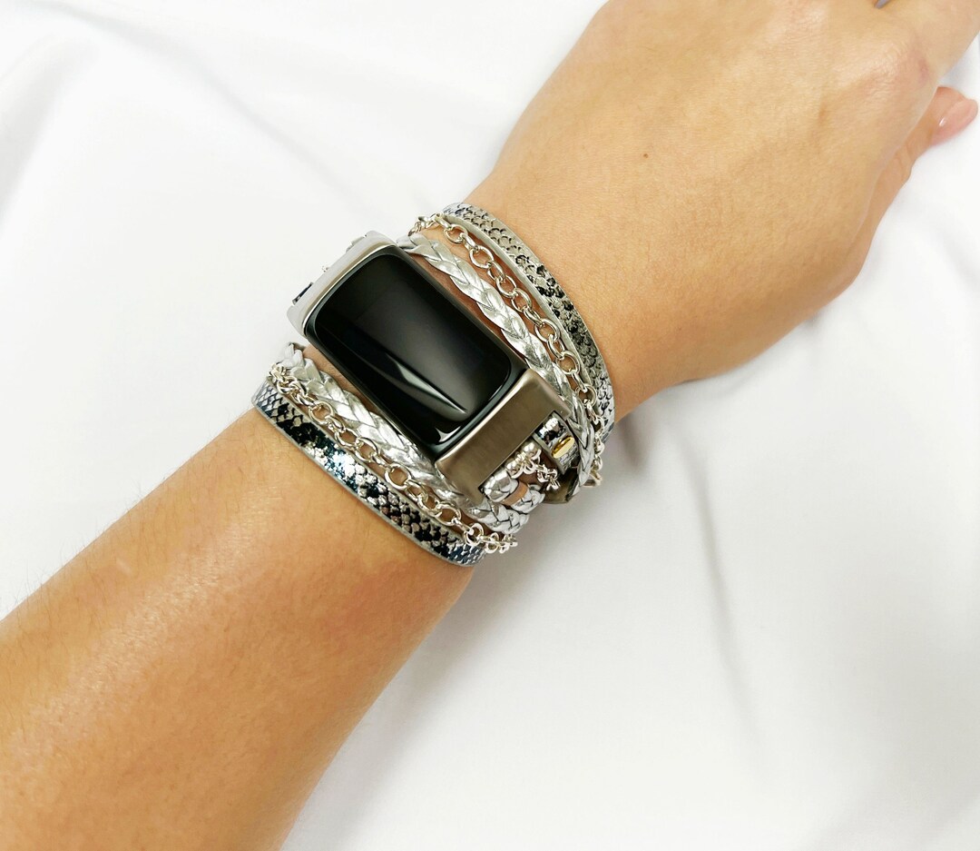 Handmade Snake Leather Fitbit Charge 5/6 Band: Silver Chain Bracelet - Etsy