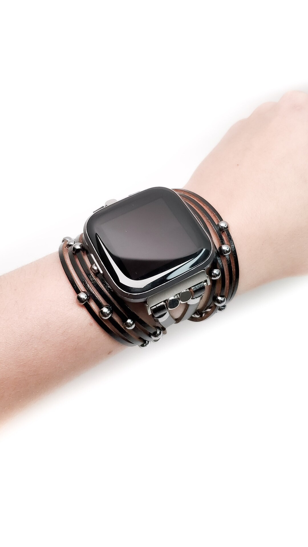 Beaded Layered Leather Fitbit Versa 4 Watch Band, Punk Hippie Cuff for ...