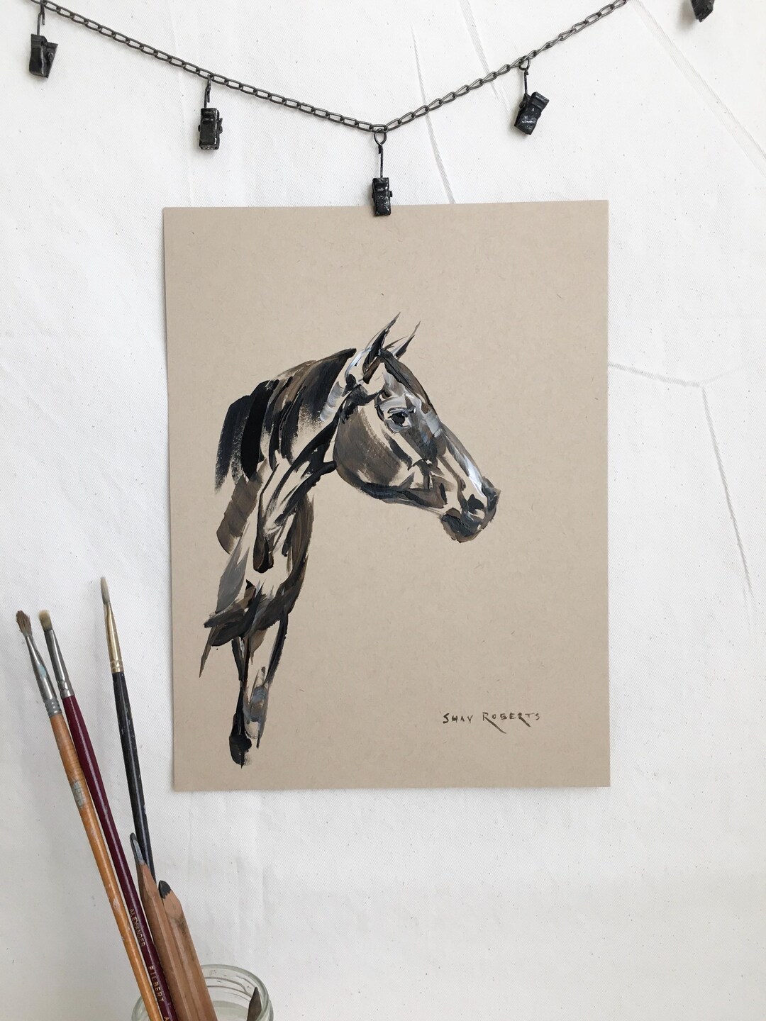 Horse Art/original/horse Sketch in Acrylic/9"x12"/tone Sketch on Kraft ...