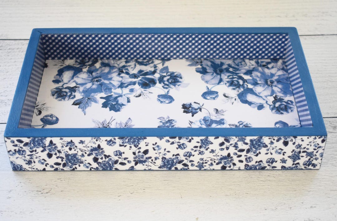 Classic Blue and White Wooden Vanity Tray, Decoupage Perfume Tray ...