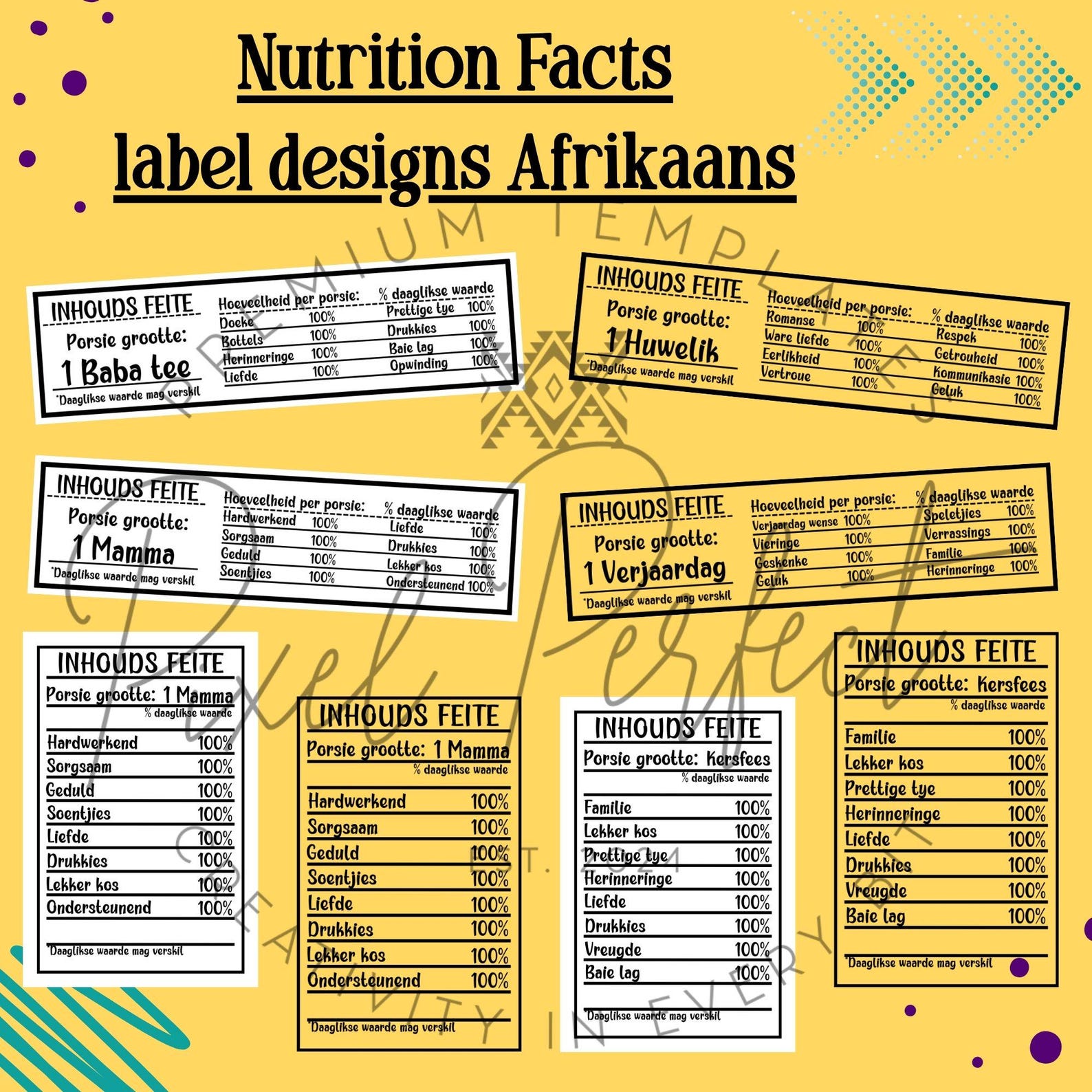 Afrikaans Nutrition Facts Label Designs: PNG, SVG (digital Download) - Etsy