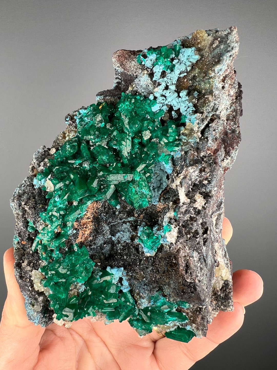 Stunning Emerald Green Dioptase With Blue Shattuckite Spray and Calcite ...