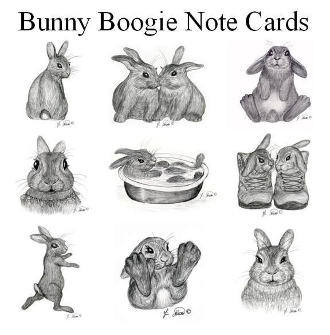 Set of 9 Note Cards With Envelopes, Cute Rabbit Sketches, Bunny Note ...