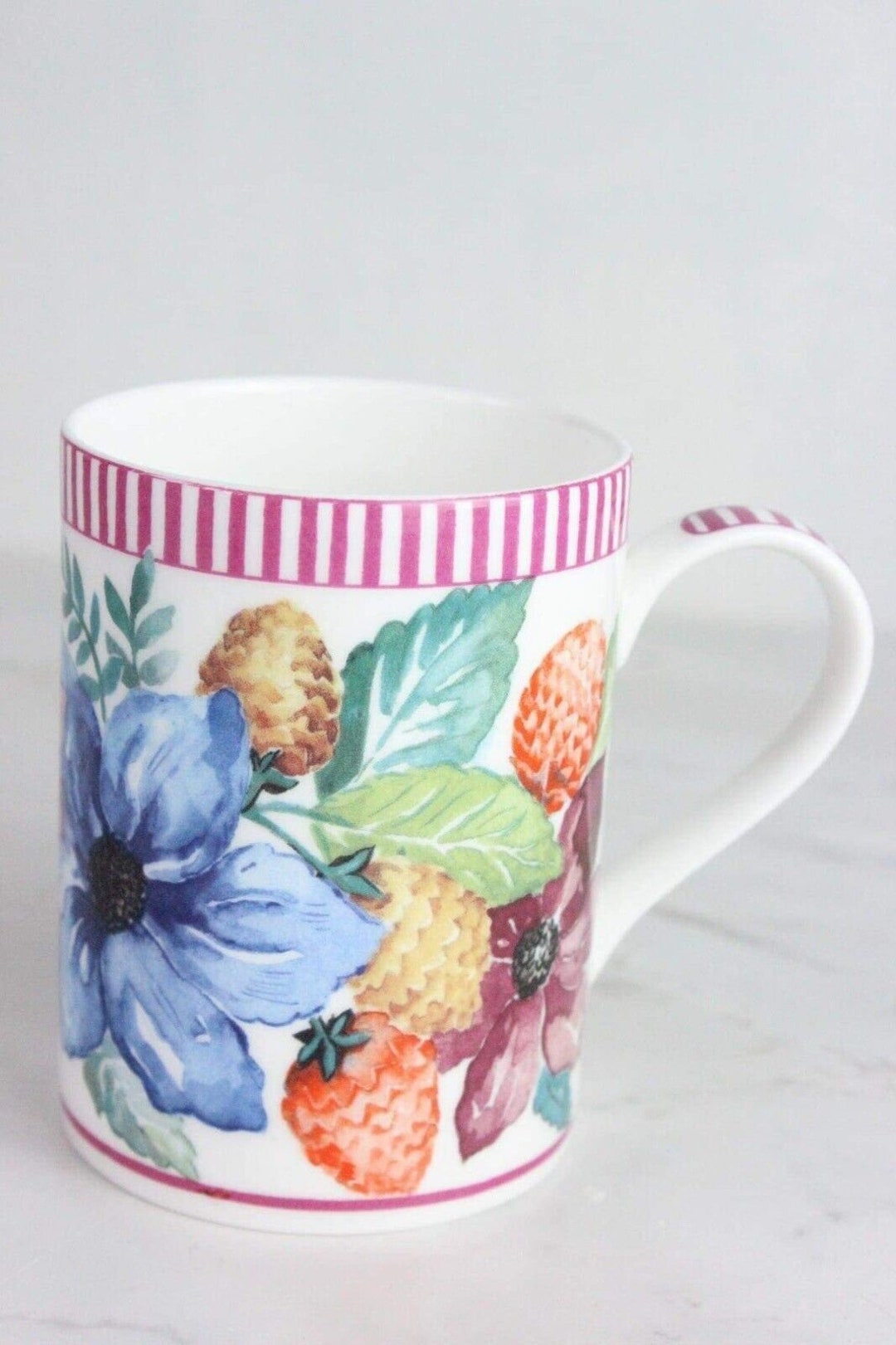 Rosina Queens Bone China FRESCO Coffee Mug Floral Pink Stripe Rim ...
