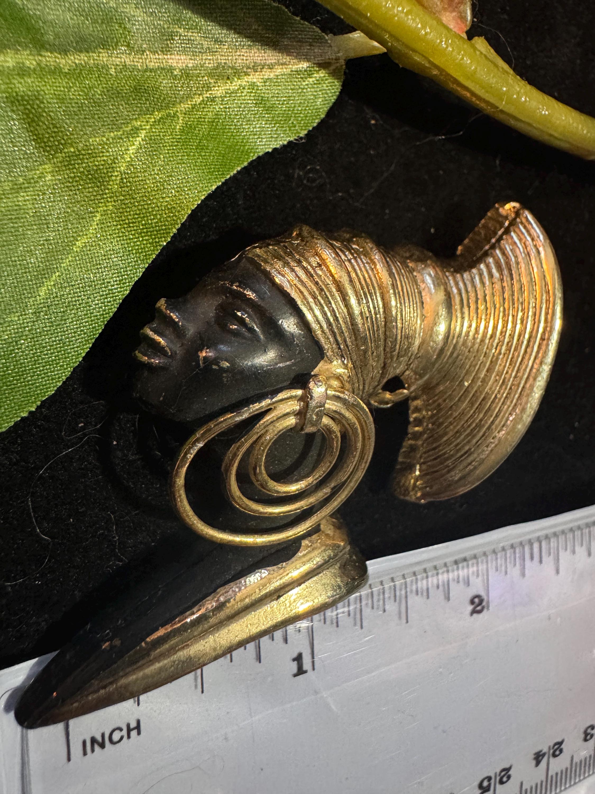 Vintage African Lady Face Portrait Brooch Gold Tone Black Enamel Mid ...