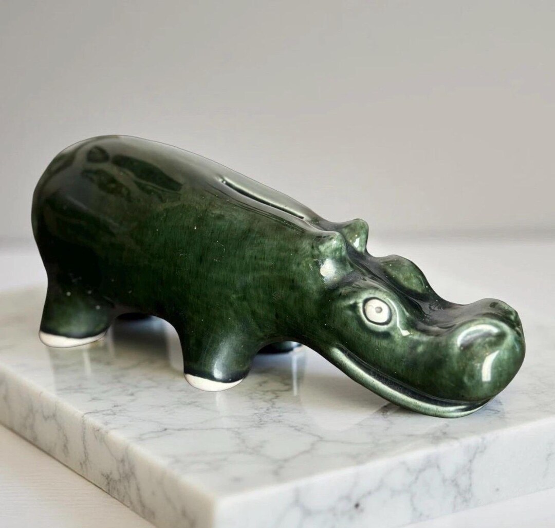 Vintage Green Ceramic Hippo Coin Bank – Glazed Pottery Hippopotamus ...