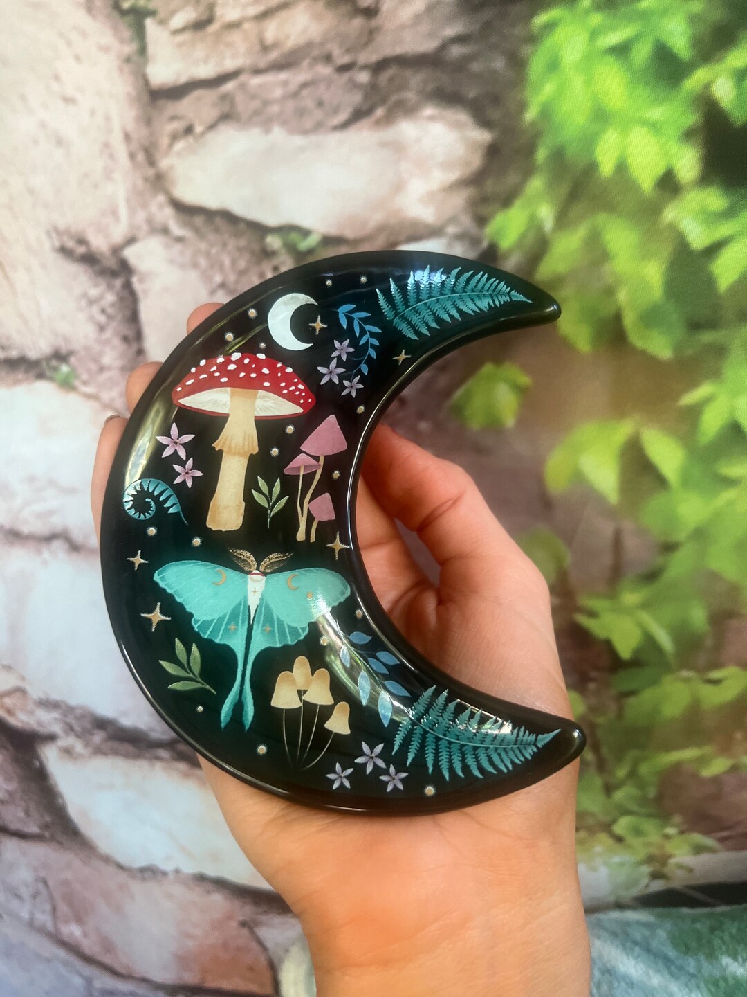 Dark Forest Crescent Moon Trinket Dish - Luna Moth & Mushroom Jewellery ...