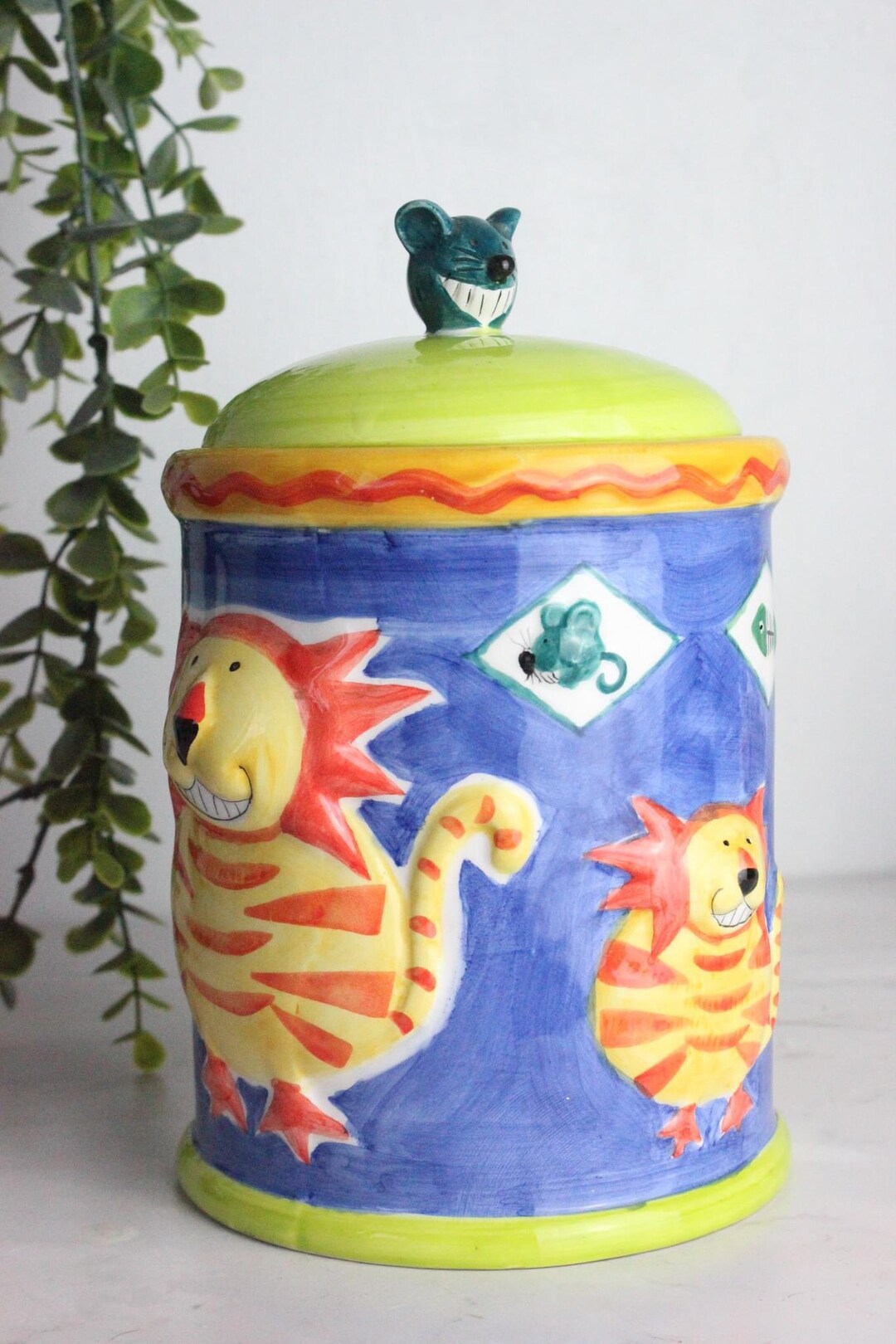 Vintage Rayware Hand Painted Whimsical Stripy Ginger Cat & Emerald ...