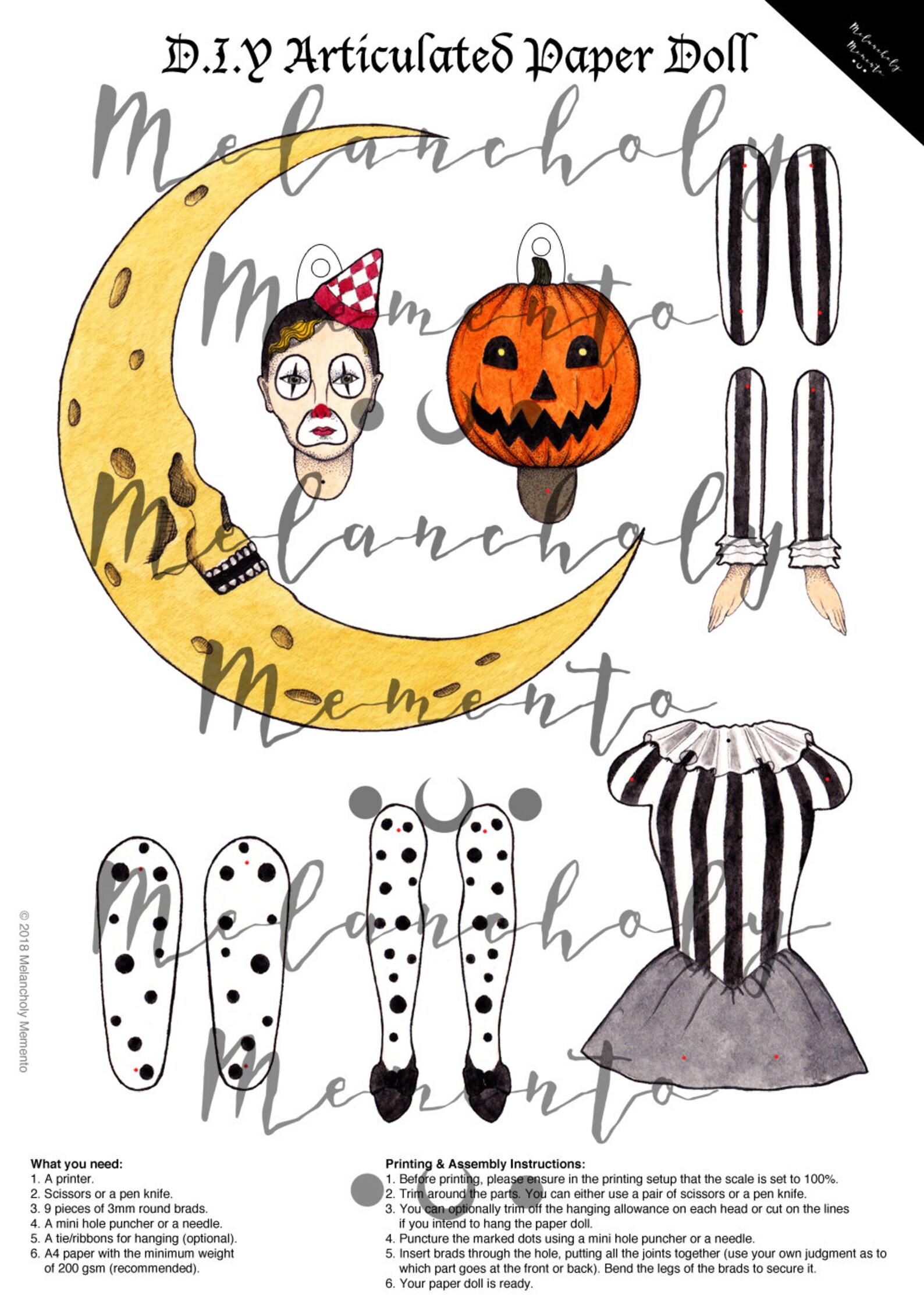 Printable Halloween Pumpkin Clown Circus Girl Paper Doll. Printable ...