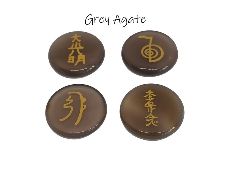 Grey Agate Palm Stones 4 Reiki Symbols Engraved Disks Natural Polished ...