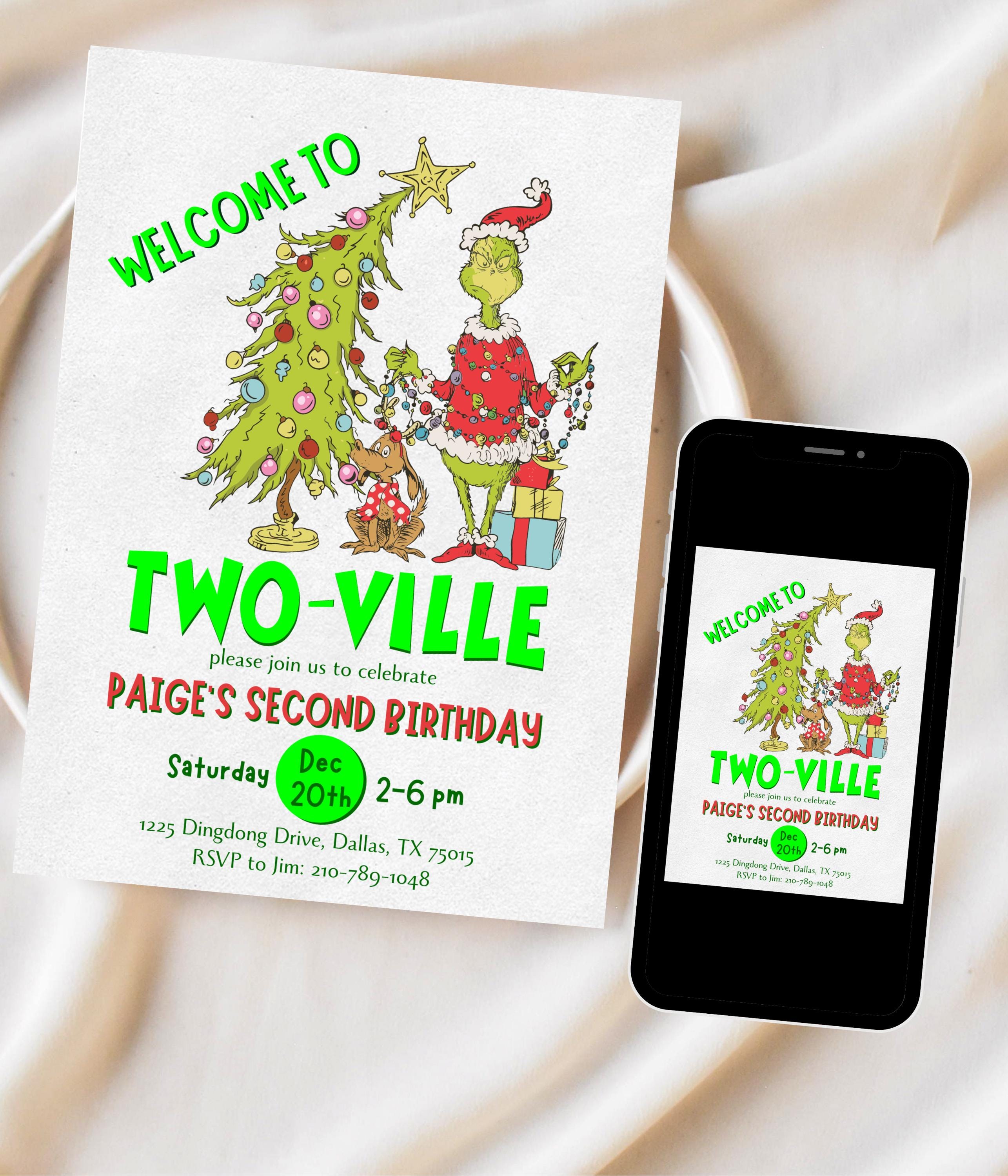 Editable Two-ville Grinch Birthday Invitation Canva Template Digital ...