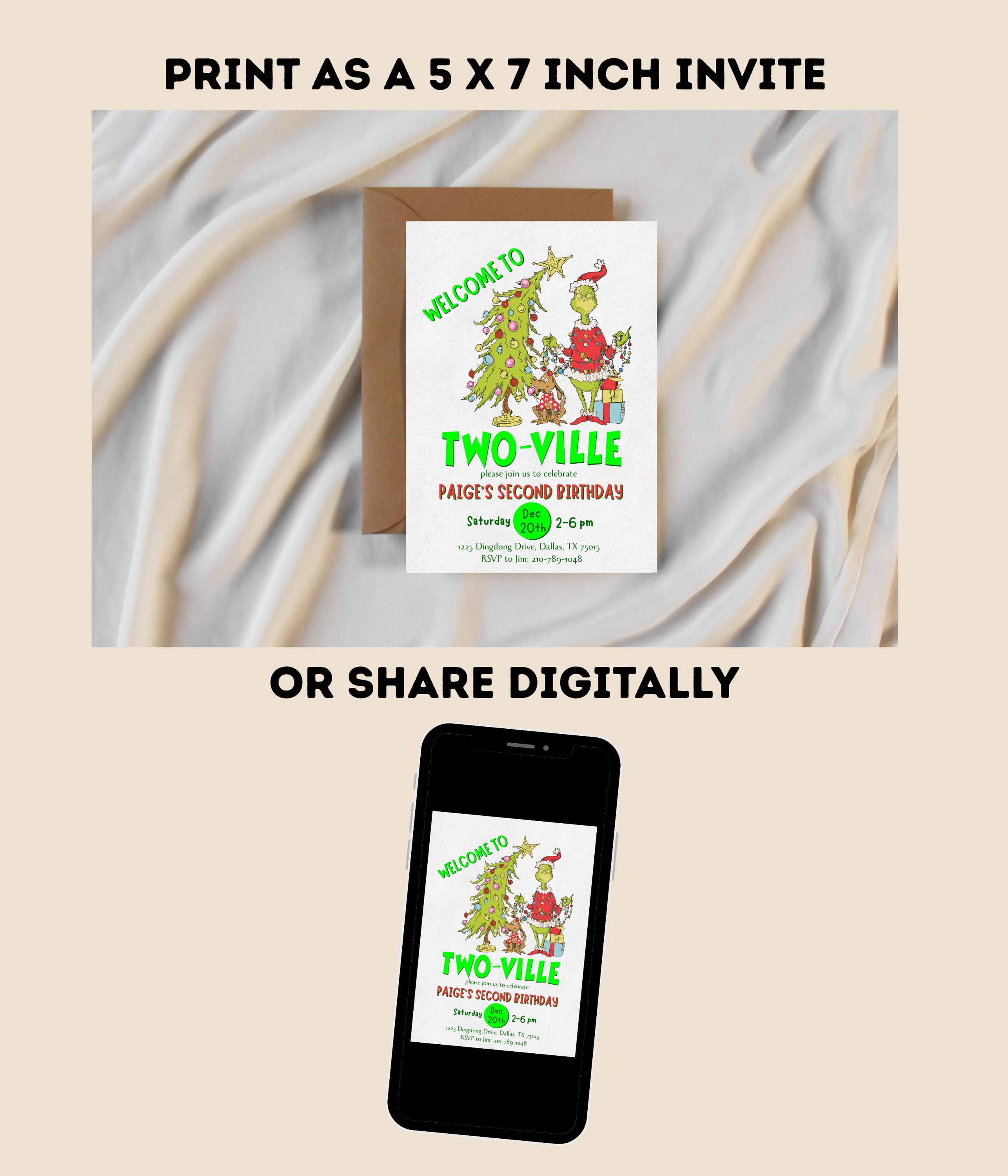 Editable Two-ville Grinch Birthday Invitation Canva Template Digital ...