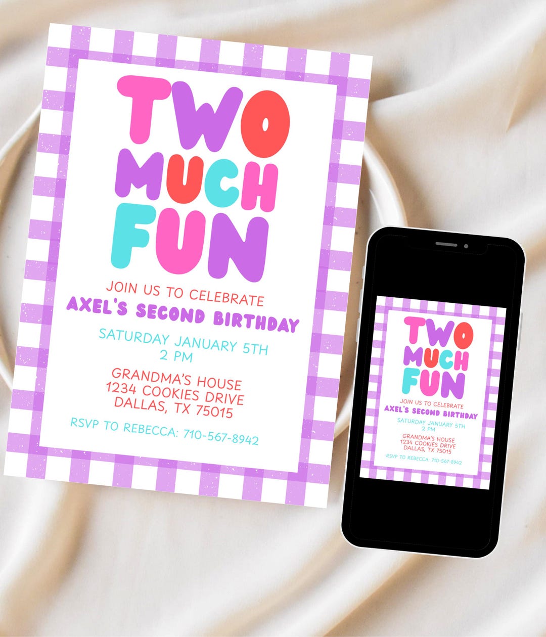 Two Much Fun Party Second Birthday Invitation Bubble Letters Primary ...
