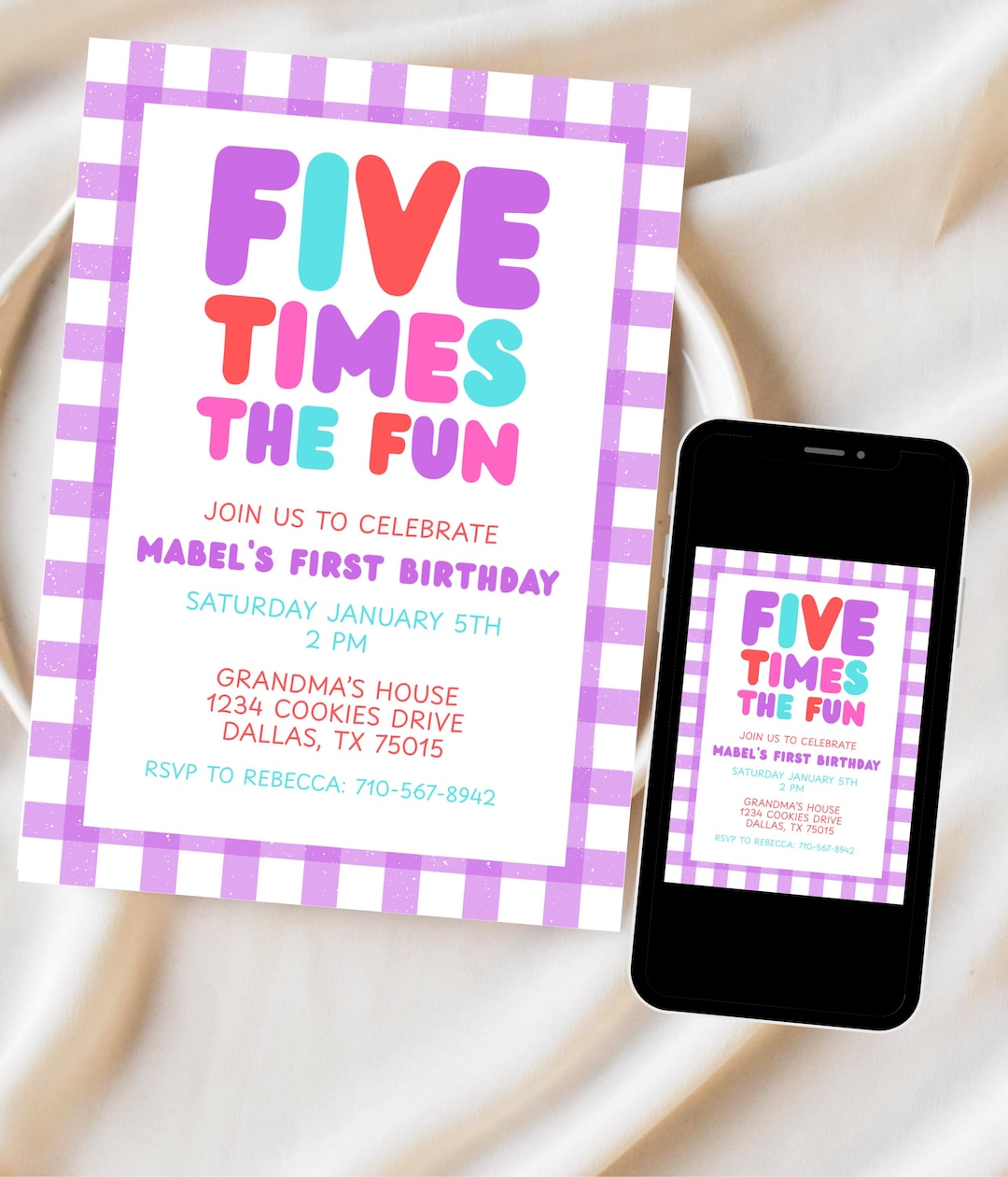 Five Times the Fun Party Fifth Birthday Invitation Bubble Letters ...