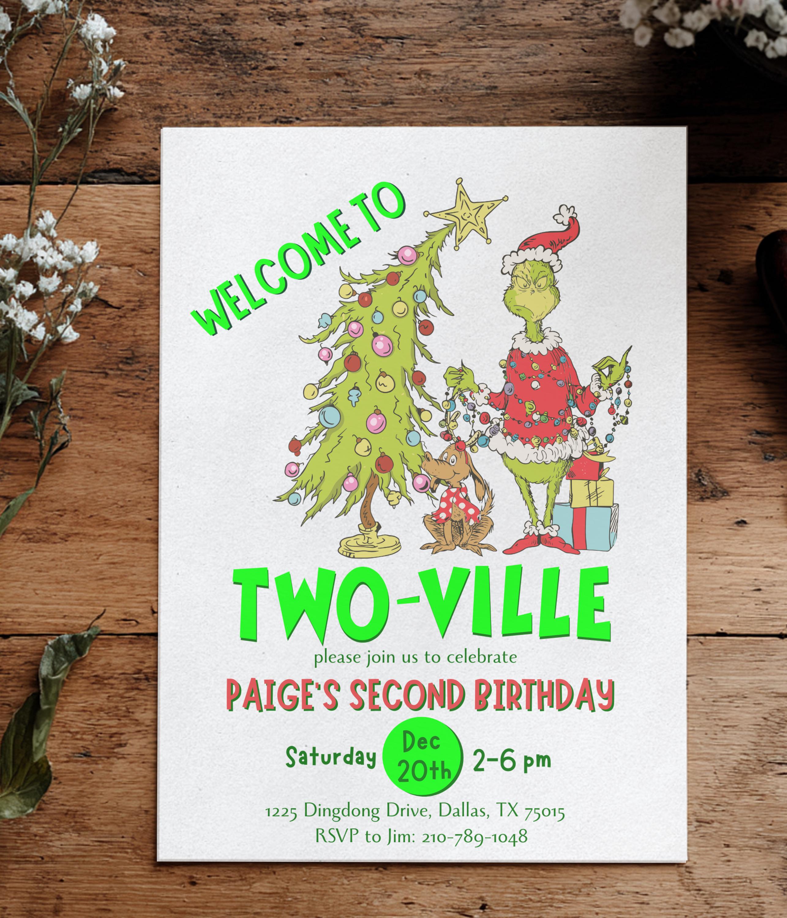 Editable Two-ville Grinch Birthday Invitation Canva Template Digital ...