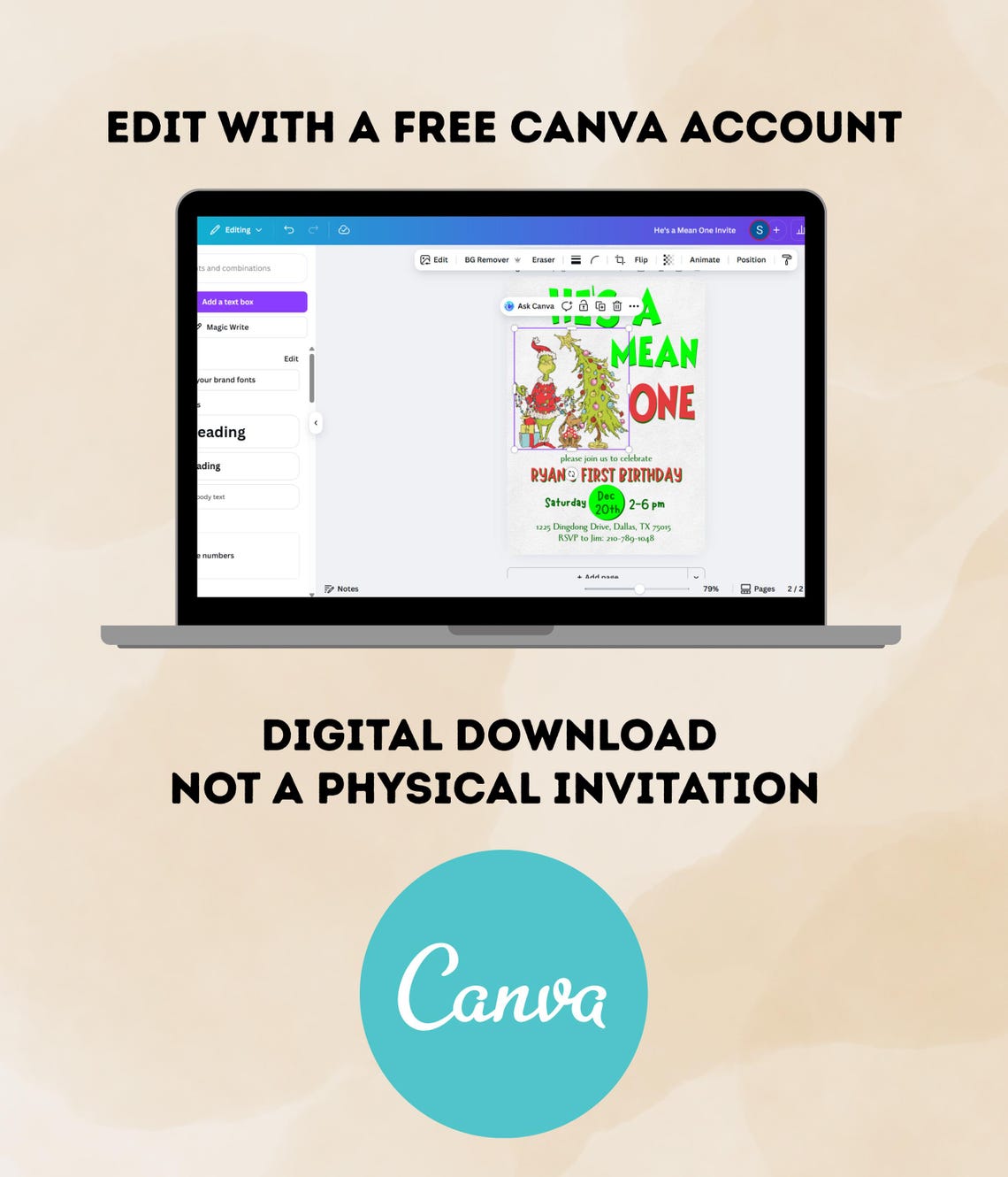 Editable Two-ville Grinch Birthday Invitation Canva Template Digital ...