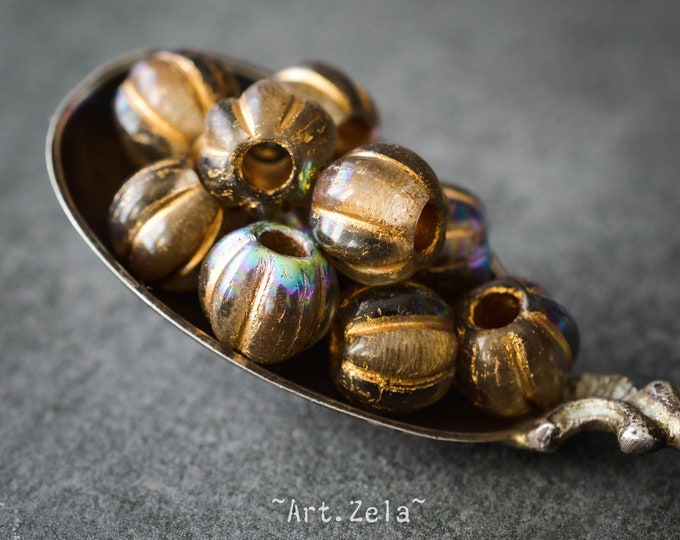 IRIDESCENT BRONZE MELONS X12 Czech Glass Beads Premium Large Hole 8mm ...