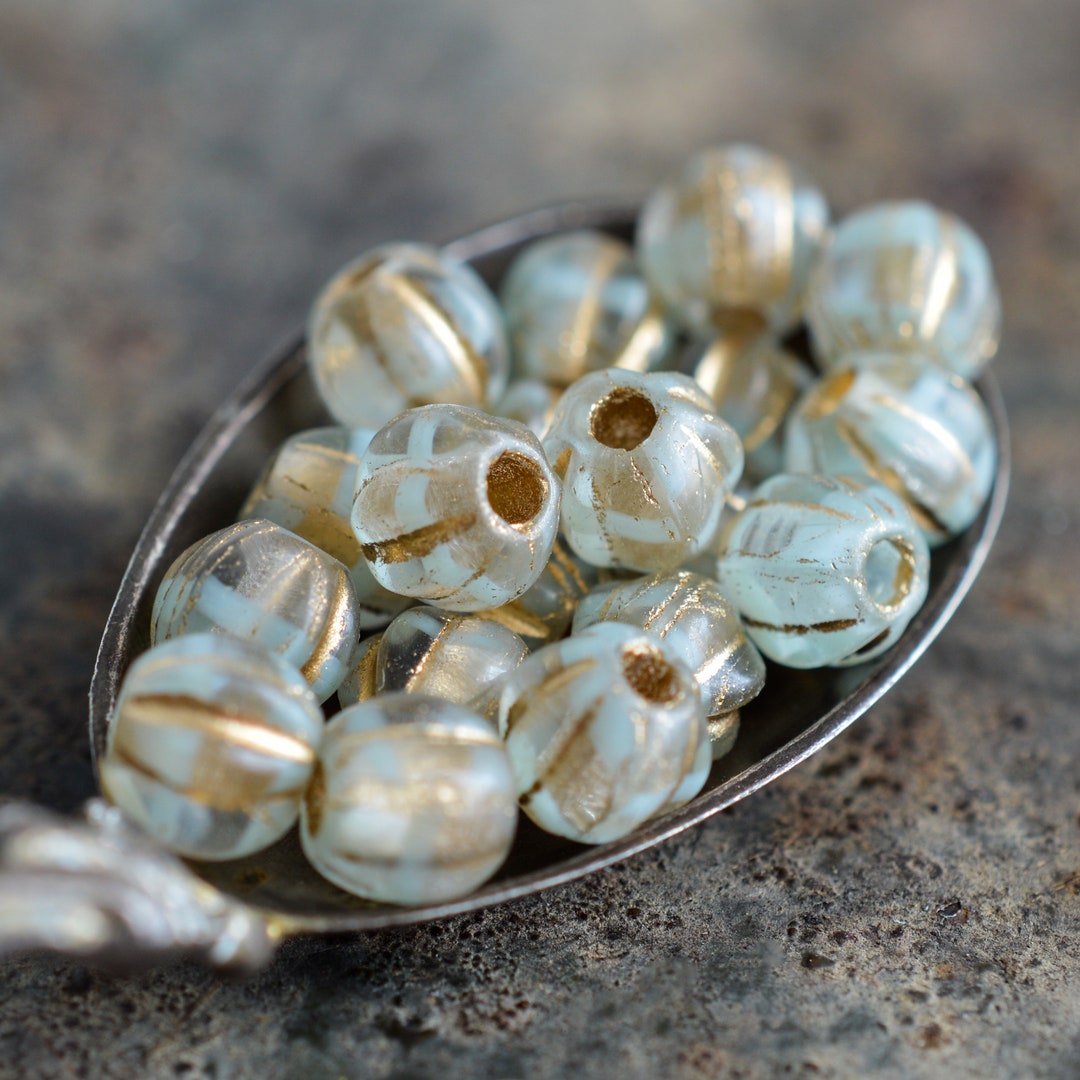 GOLDEN MINT MELONS X15 Small Czech Glass Beads Light Mint Green Gold ...