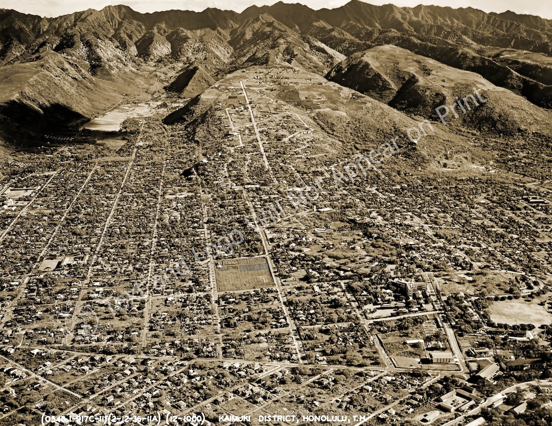 1936 Aerial View of the Kaimuki District, Honolulu, Hawaii Vintage Old ...