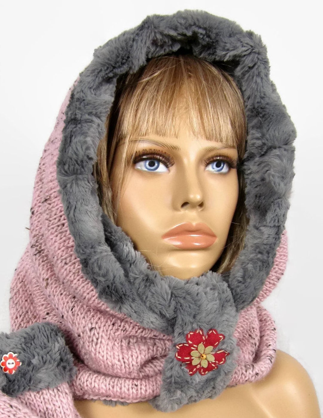 MARMOTTE Faux Fur Lined Snood Hood Very Warm Hand Knitted - Etsy