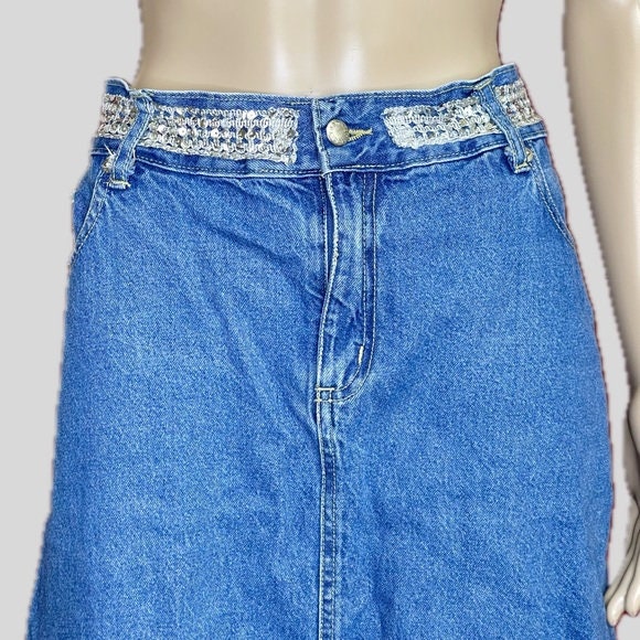 Y2K Long Modest Denim Skirt With Silver Sequin Waistband Size 18W - Etsy