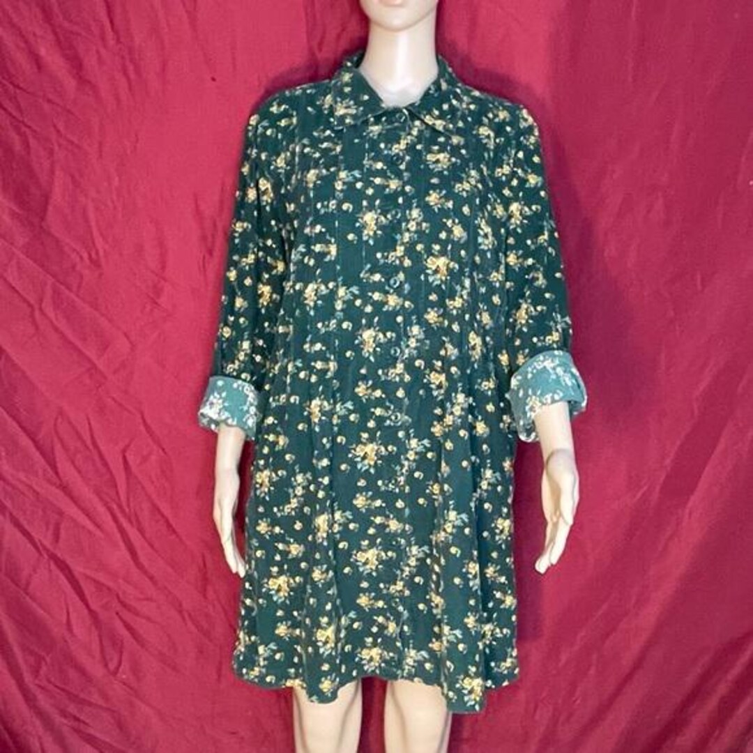 Vintage LE CERA Green Floral Long Sleeve Corduroy Dress With Pockets ...