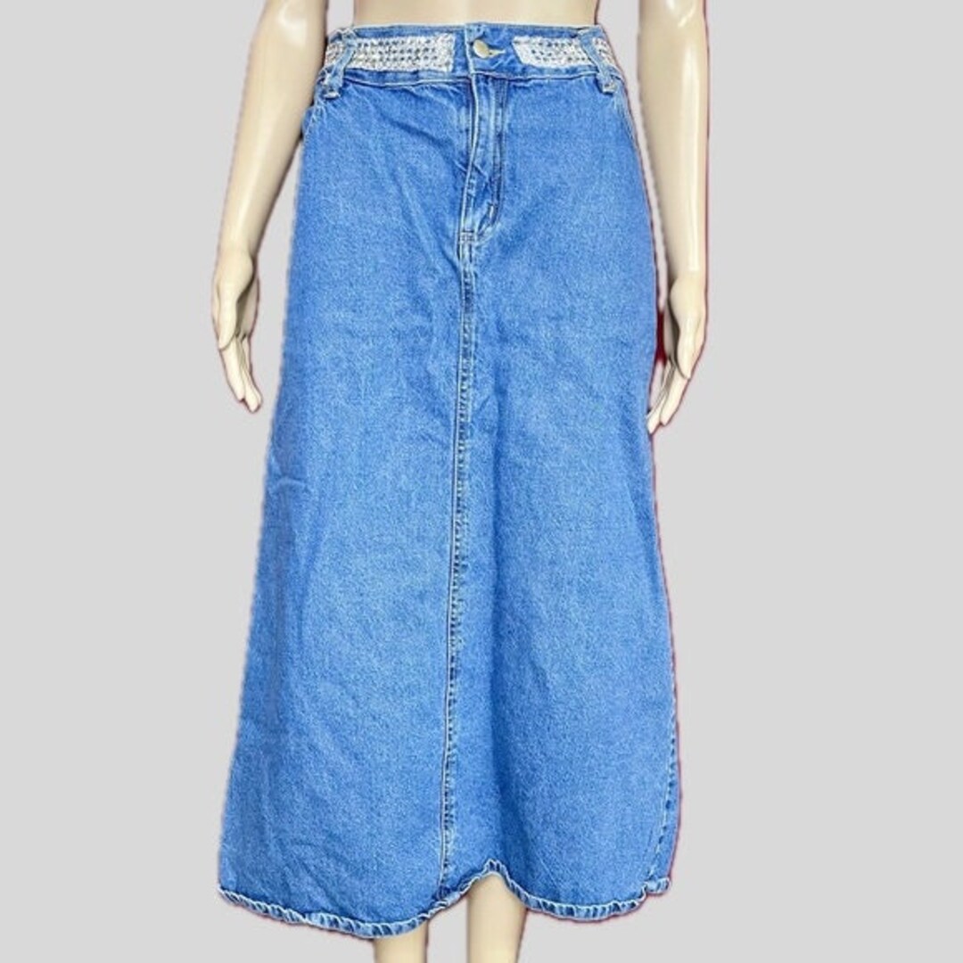Y2K Long Modest Denim Skirt With Silver Sequin Waistband Size 18W - Etsy