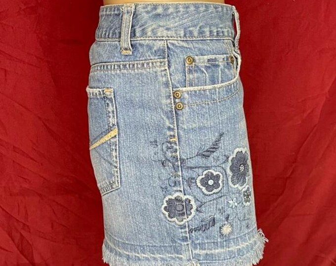 Vintage Y2K Aeropostale Embroidered Distressed Denim Micro Mini Skirt ...