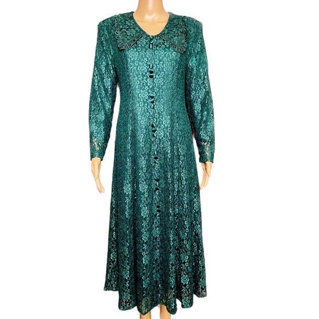 Vintage 1980s Victorian Inspired 2 Piece Emerald Lace Dress With Corset ...