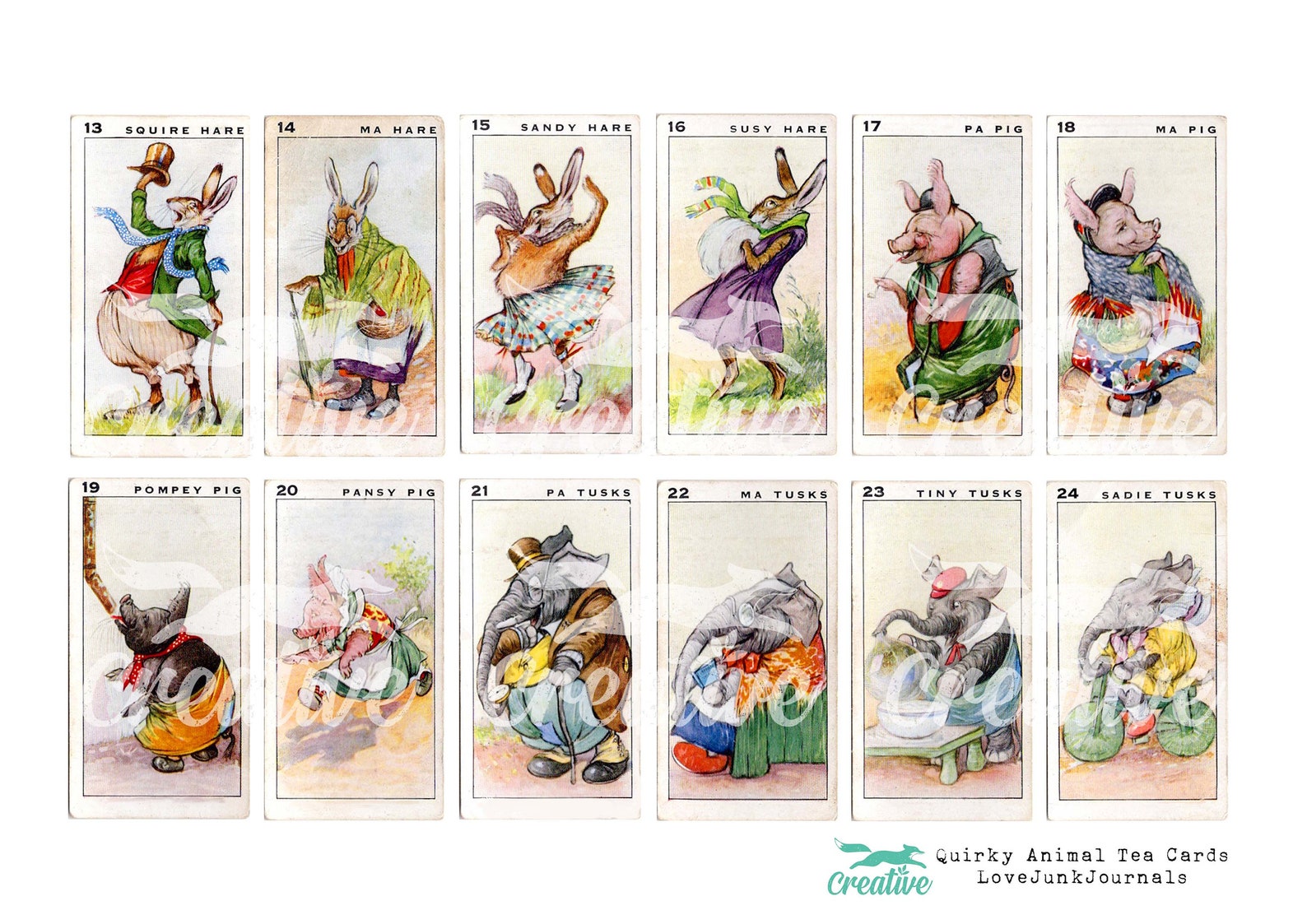 Quirky Tea Cards animal Themed Digital Tea Cards DIGI21 50 - Etsy UK