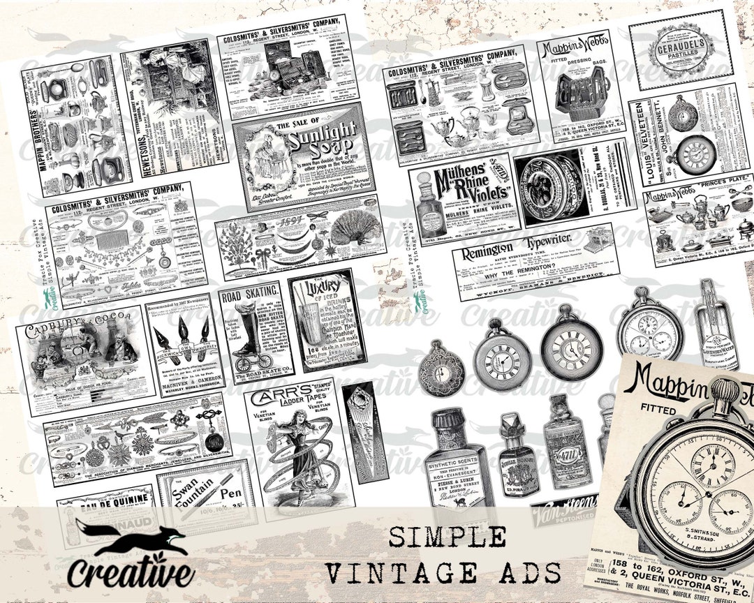 SIMPLE Vintage Ads, Digital Journal Kit, Printable Scrapbook Ephemera ...