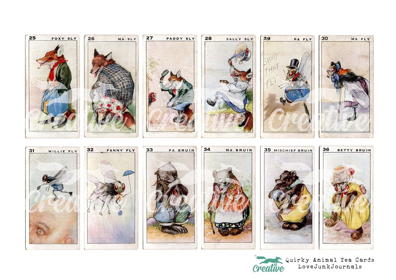 Quirky Tea Cards animal Themed Digital Tea Cards DIGI21 50 - Etsy UK