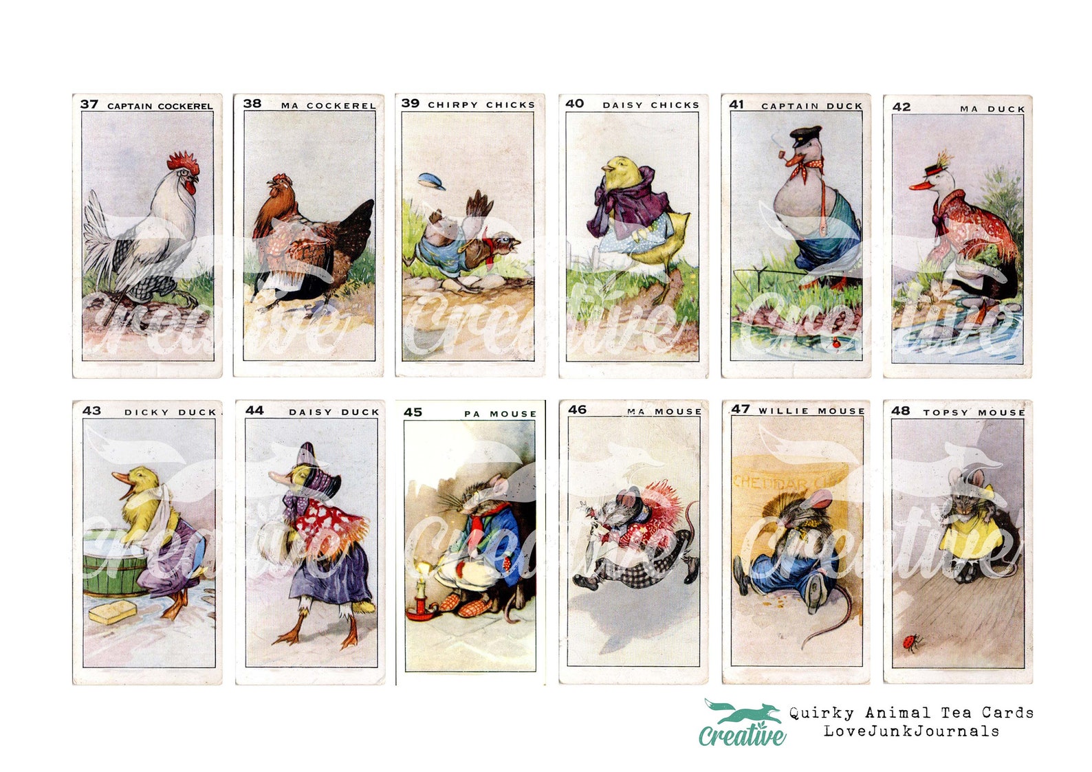 Quirky Tea Cards animal Themed Digital Tea Cards DIGI21 50 - Etsy UK