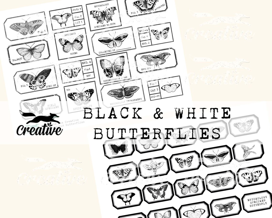 Black & White Fussy Cut Butterflies and Labels Digital Kit | Etsy UK