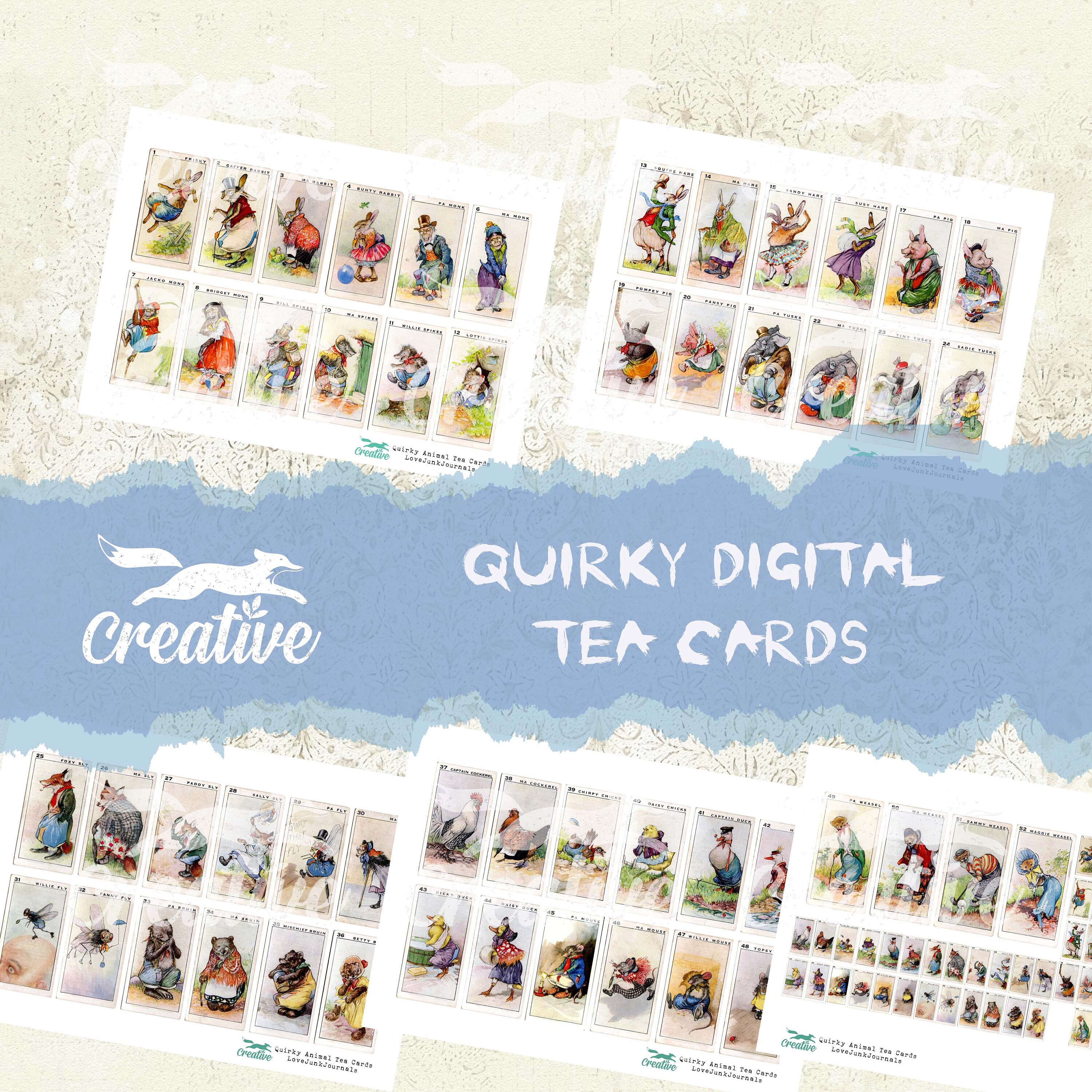 Quirky Tea Cards animal Themed Digital Tea Cards DIGI21 50 - Etsy UK