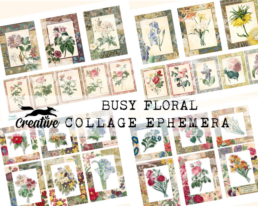 BUSY FLORAL Collage Ephemera, Digital Collage Journal Kit, Printable ...