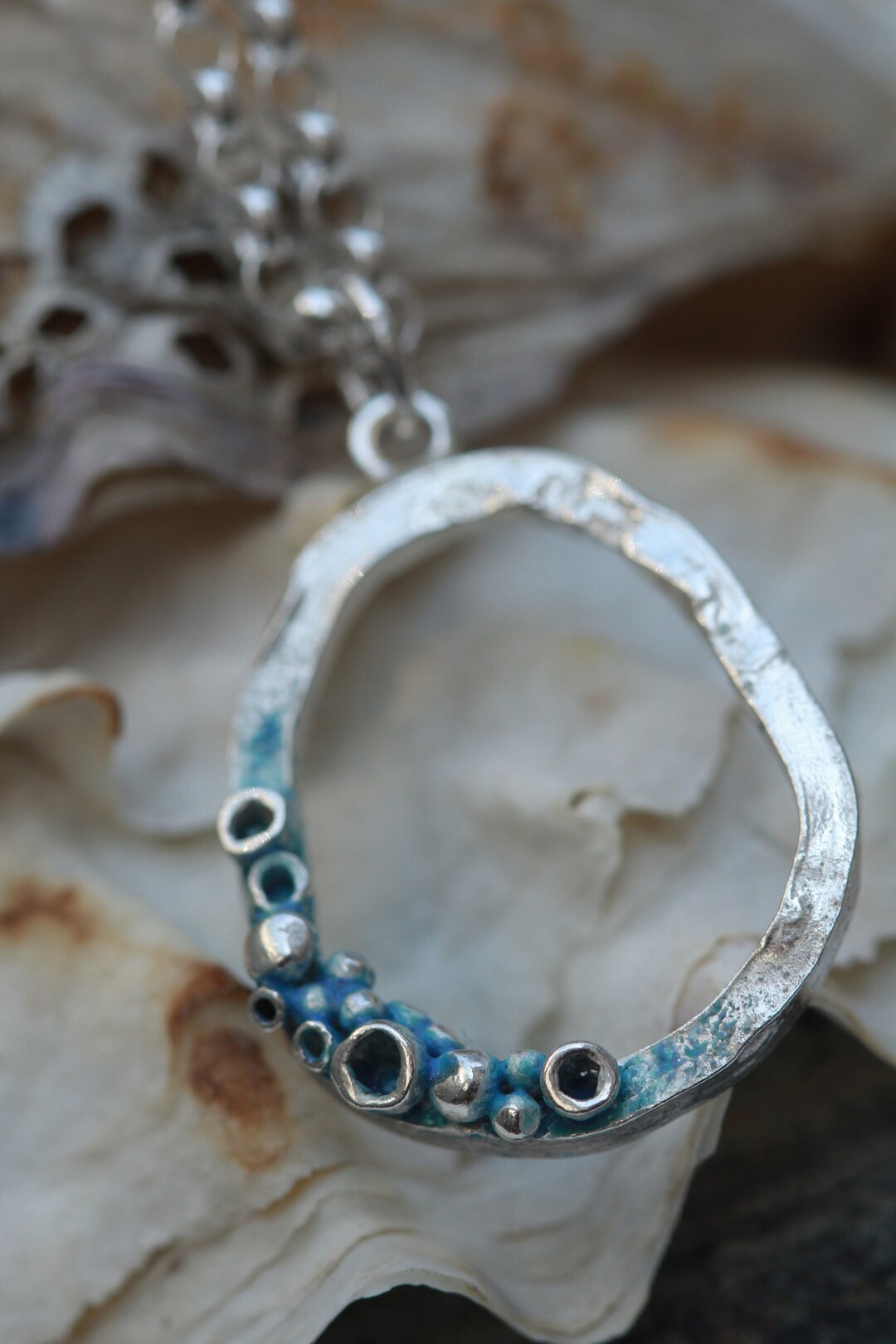 Silver Barnacle Necklace, Enamel Pendant, Rustic Design Jewellery ...