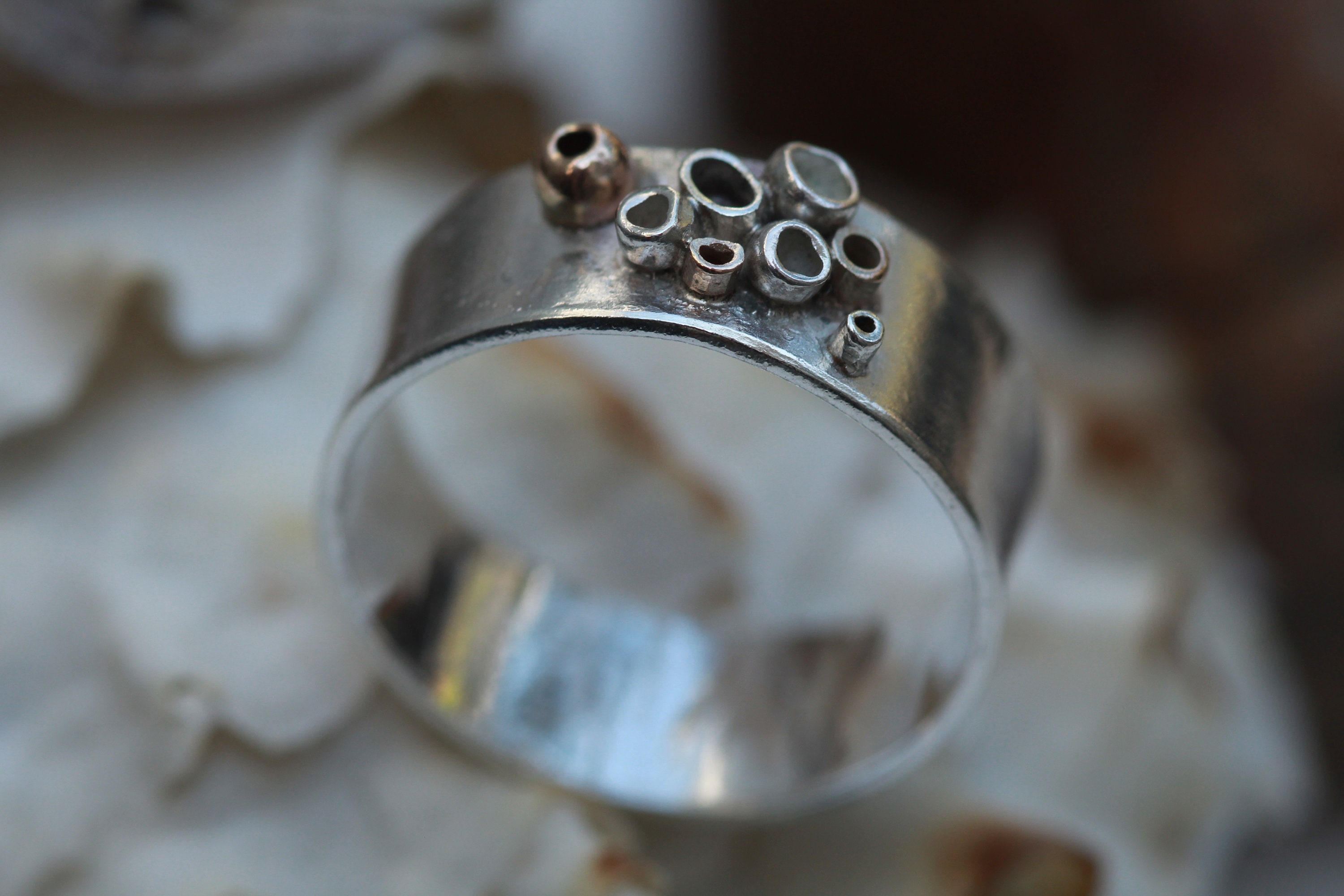 Silver and Gold Barnacle Ring, Wide Band, Handmade Jewellery, Ocean ...