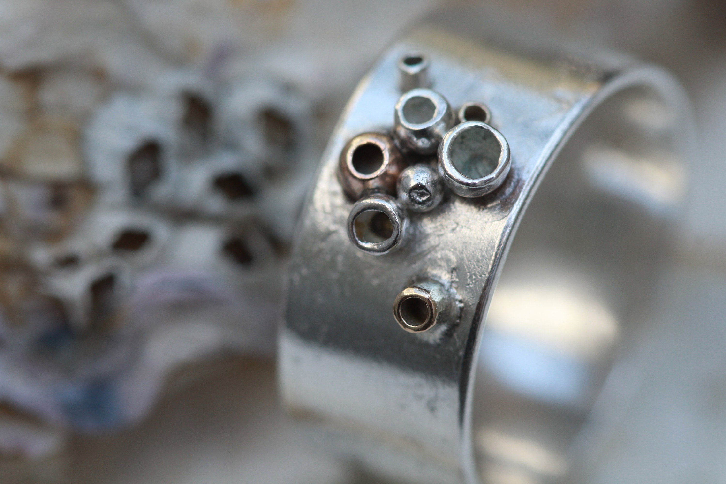 Silver and Gold Barnacle Ring, Wide Band, Handmade Jewellery, Ocean ...