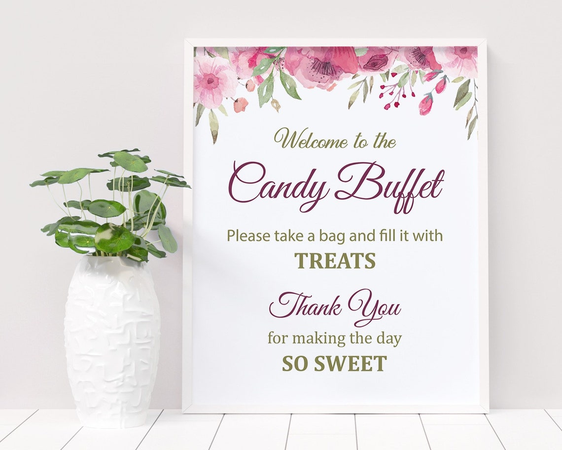 Candy Buffet Sign, Printable Candy Bar Sign, Pink Flowers Wedding Table ...