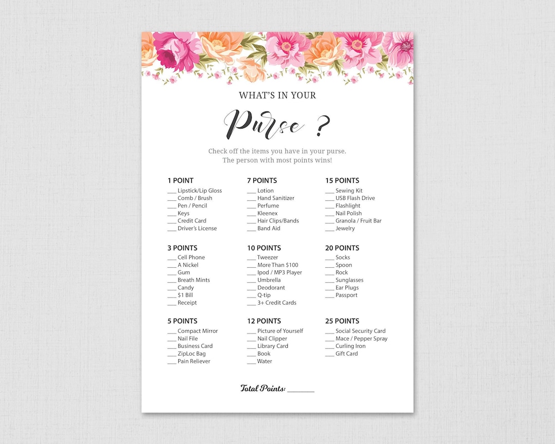 Whats in Your Purse Game, Floral Bridal Shower Games Printable, Purse ...