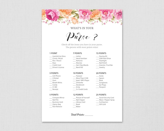 Whats in Your Purse Game Floral Bridal Shower Games - Etsy