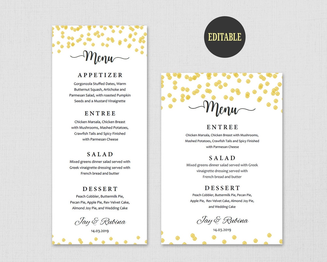 Editable Menu Printable Wedding Dinner Menu Templates Gold - Etsy