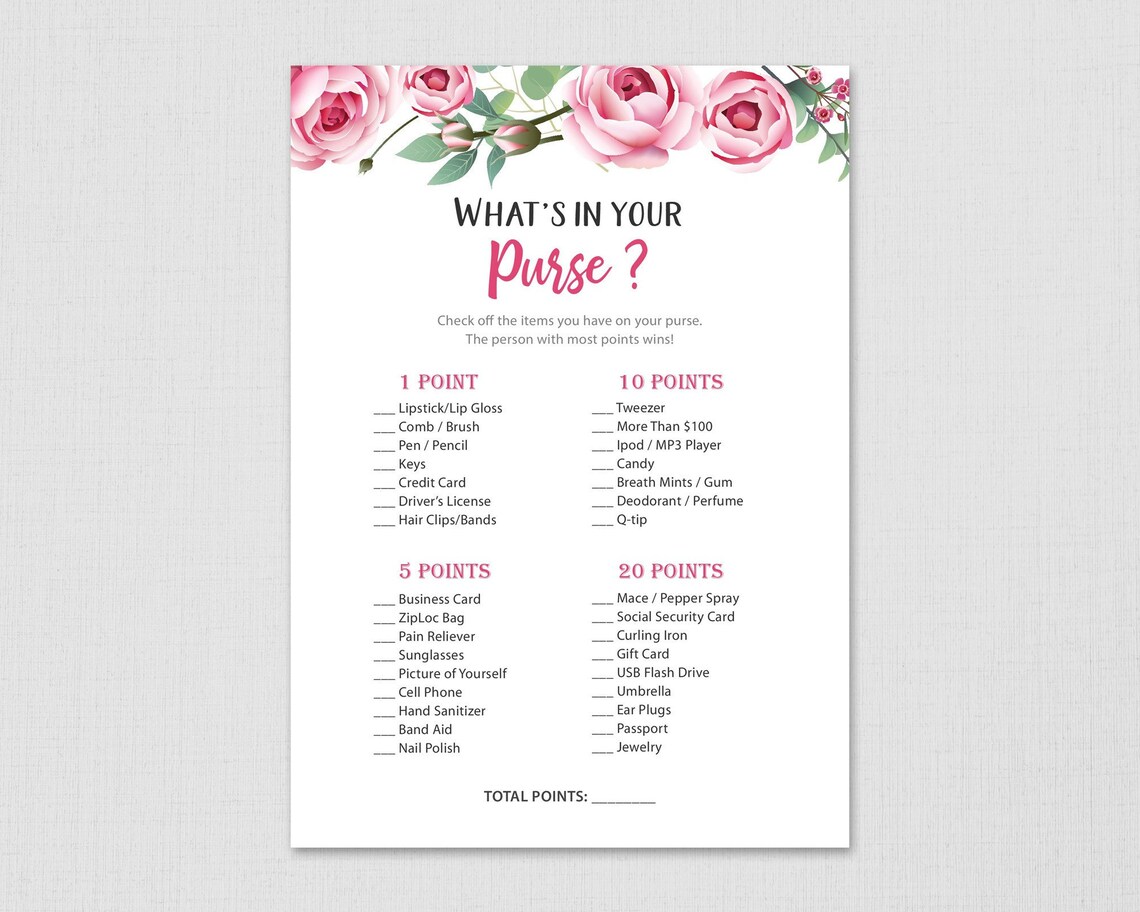 Whats in Your Purse Game, Floral Bridal Shower Games Printable, Purse ...