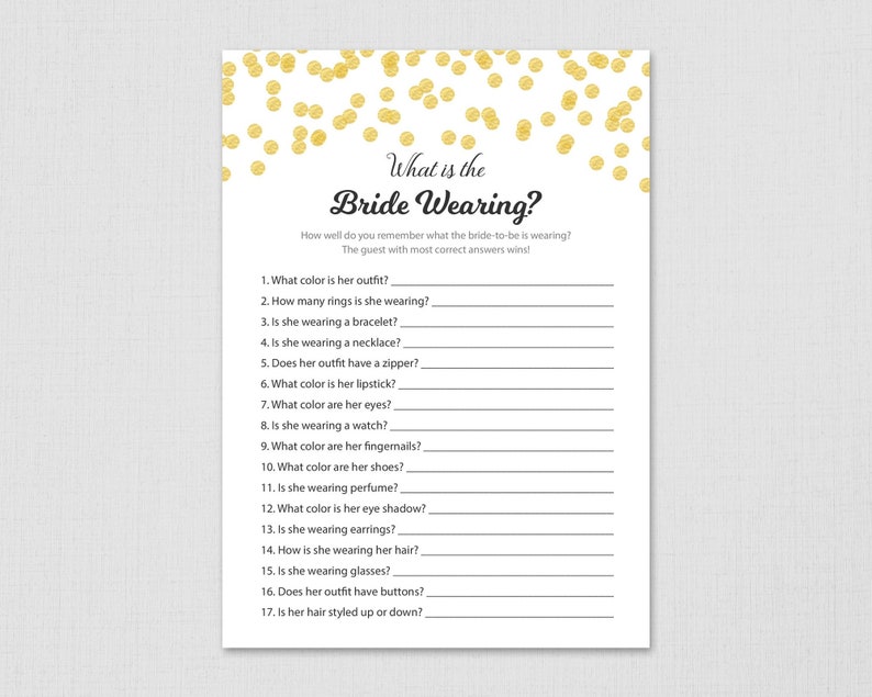 What is the Bride Wearing Game Printable, Gold Confetti Bridal Shower ...
