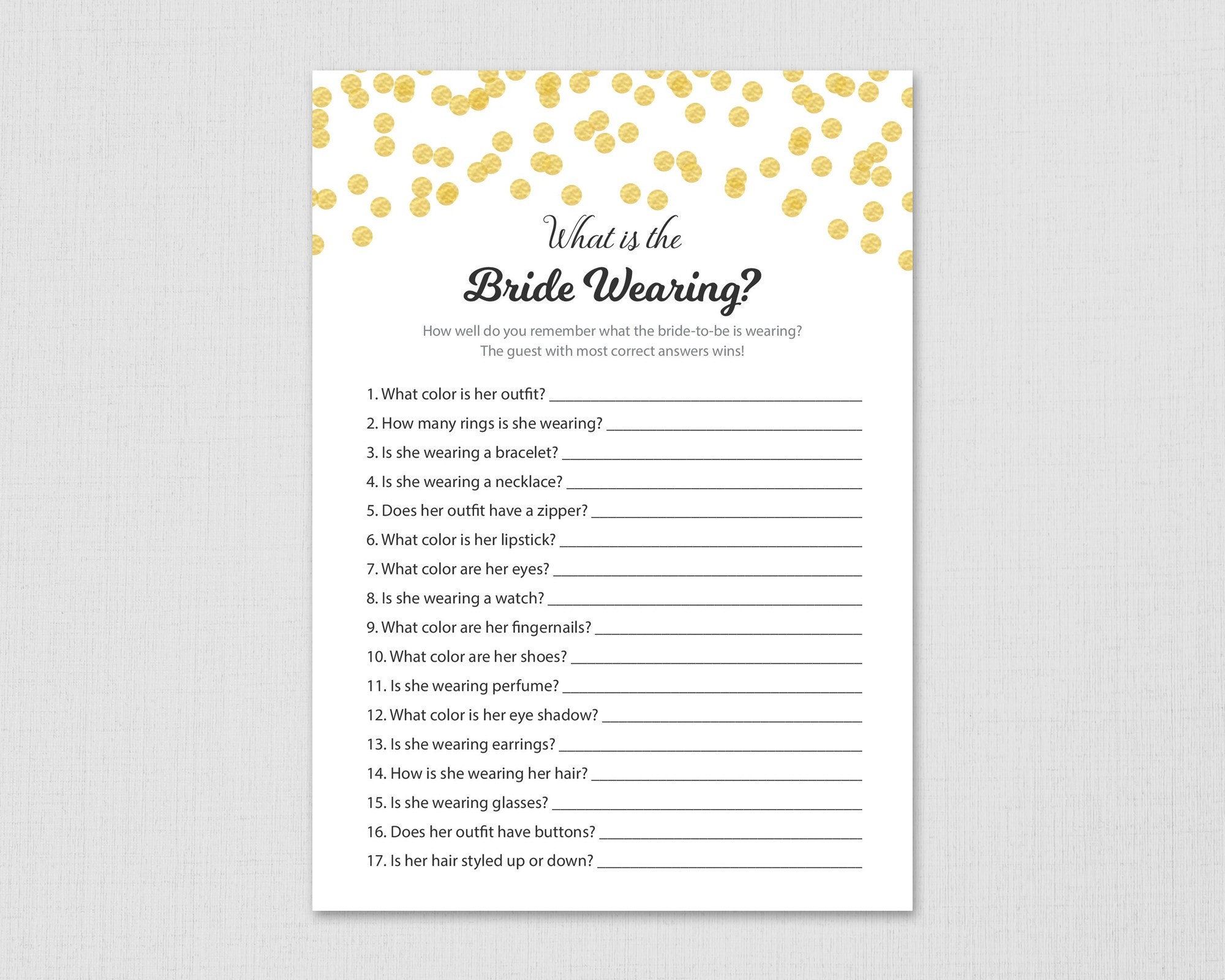 What is the Bride Wearing Game Printable, Gold Confetti Bridal Shower ...