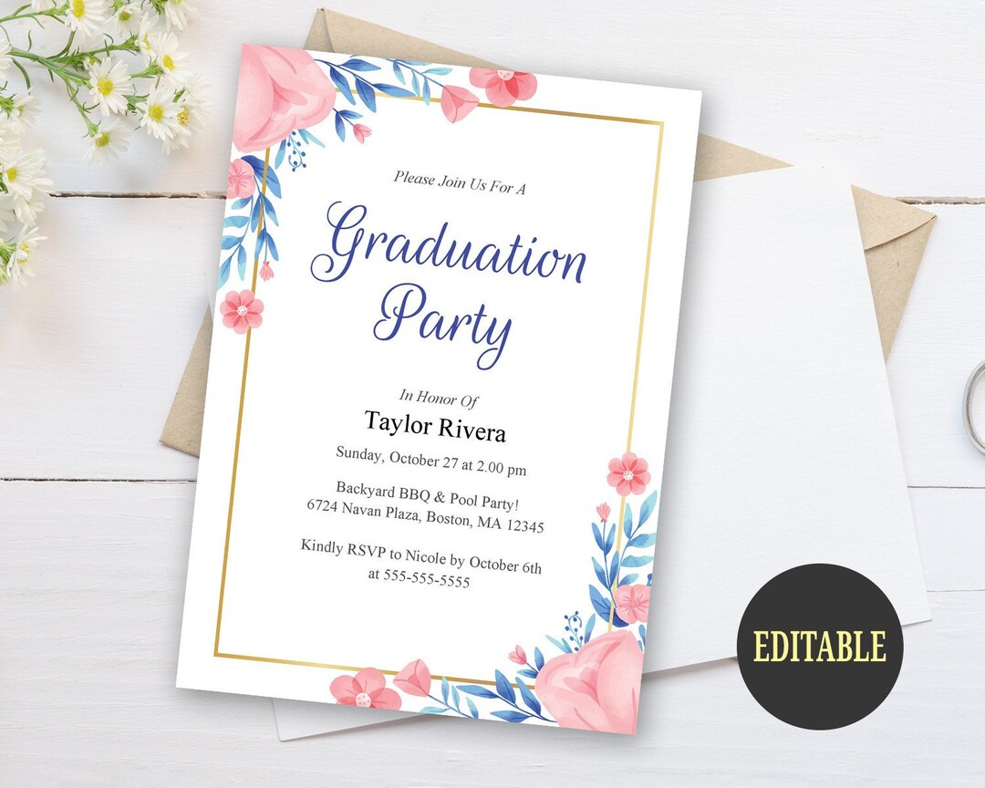 Editable Graduation Party Invitation Template, Floral Graduation ...